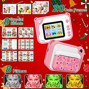 USHINING Instant Print Camera for Kids 12MP Digital Print Camera for Kids Aged 3-12 1080P Instant Camera for Kids with 32GB SD Card,Color Pens,Print Papers (Pink)