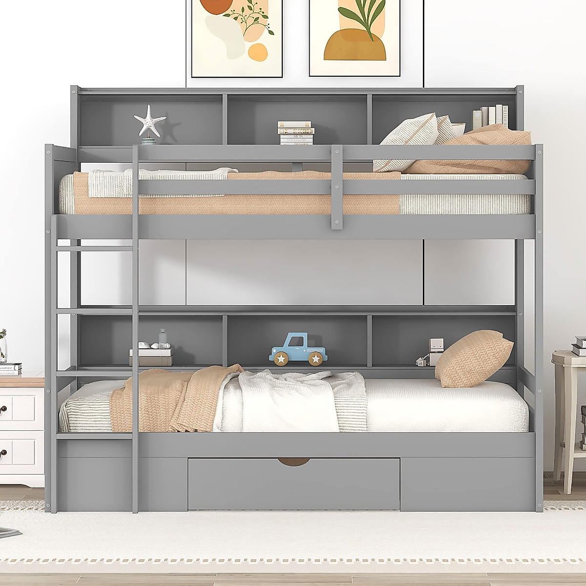 SOFTSEA Twin Over Twin Bunk Bed with Storage Shelves and Drawers, Solid Wood Bunk Bed Frame with Guardrails and Built-in Ladder for Kids, Twin Size Bunk Bed for Bedroom, Gray