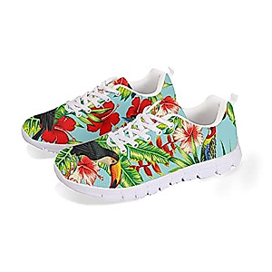 Yzaoxia Parrot Walking Shoes Women Size 6 Hibiscus Flower Breathable Mesh Sneakers Light Weight Running Tennis Shoes Comfortable Athletic