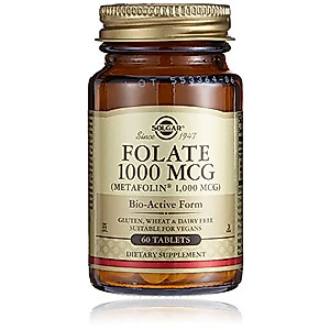 Solgar Folate 1000 mcg, 60 Tablets - 1000 mcg Bio-active Metafolin - Heart Health - Vegan, Gluten Free, Dairy Free, Kosher - 60 Servings