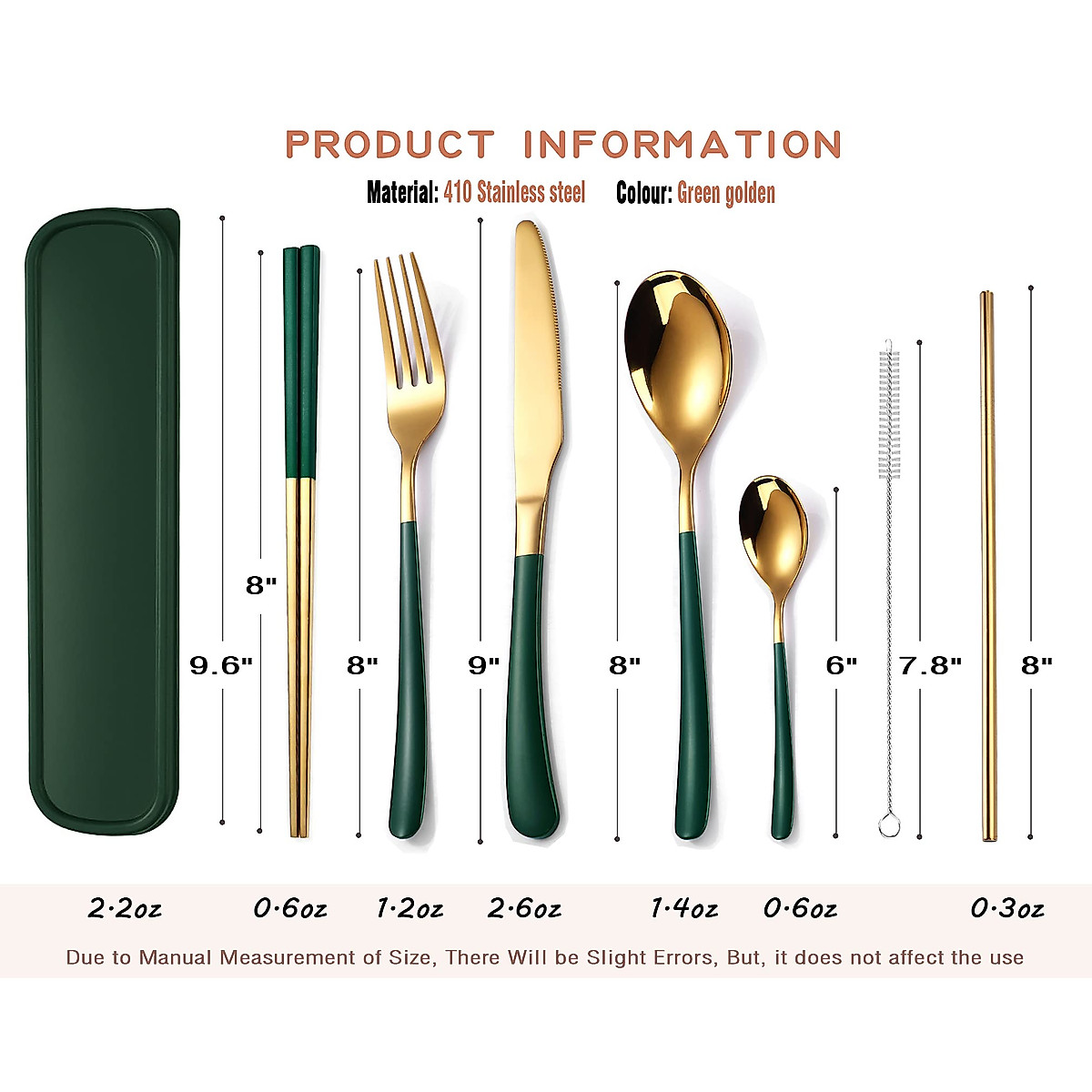 AARAINBOW 7 Pieces Stainless Steel Flatware Set Portable Reusable Cutlery Set Travel Utensils Set Including Chopsticks Knife Fork Spoon Straws Cleaning Brush Dishwasher Safe (7 Green Golden)