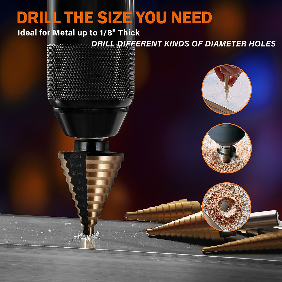 KENDO 5PCS Step Drill Bits with Automatic Center Punch - Black and Gold, High Speed Steel Unibit Step Drill Bit Set, Total 50 Sizes HSS Titanium Step Bits for Metal, DIY Lovers with Aluminum Case