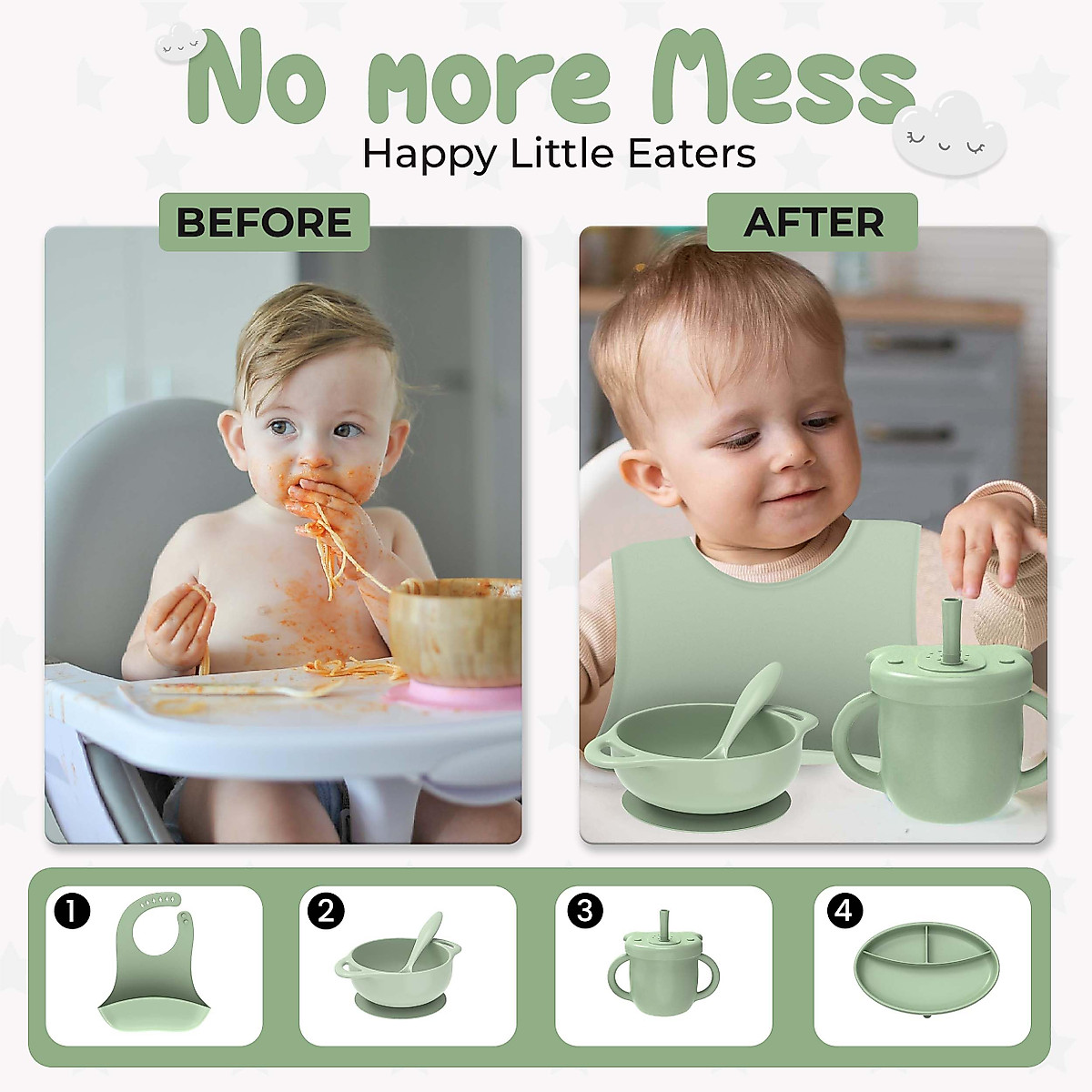 WANDA KIDZ Silicone Baby Feeding Set - Baby Led Weaning Supplies - 6PC Self Feeding Baby Utensils; Suction Plate, Bowl, Bib, Cup, Spoon, Fork - First Stage Baby Eating Essentials - 4+ Months - Blue