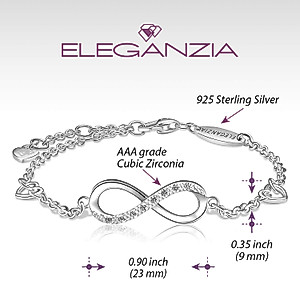 ELEGANZIA Infinity Bracelet for Women Sterling Silver Jewelry Cubic Zirconia, Adjustable Bracelet with Love Heart Charm Bracelet