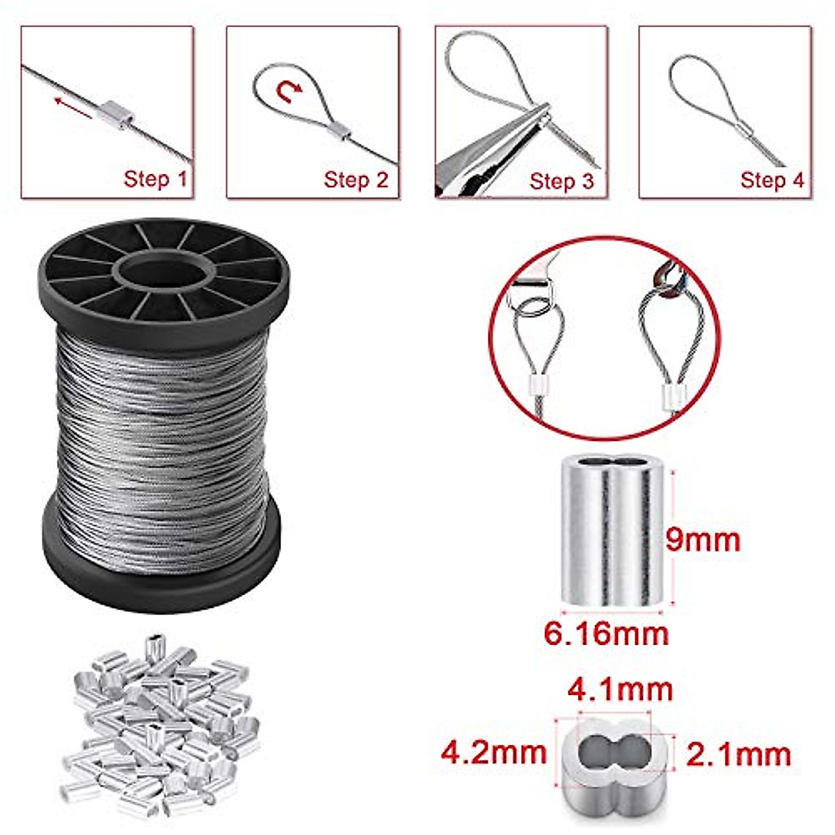 Picture Hanging Wire 1.5mm Up to 150lbs,100Feet(30.5M) Stainless Steel Wire Spool with 40Pcs Aluminum Crimping Loop Sleeve,Heavy Hanging Kit for Photo Frame Picture,Artwork,Mirror,String Light Hanging