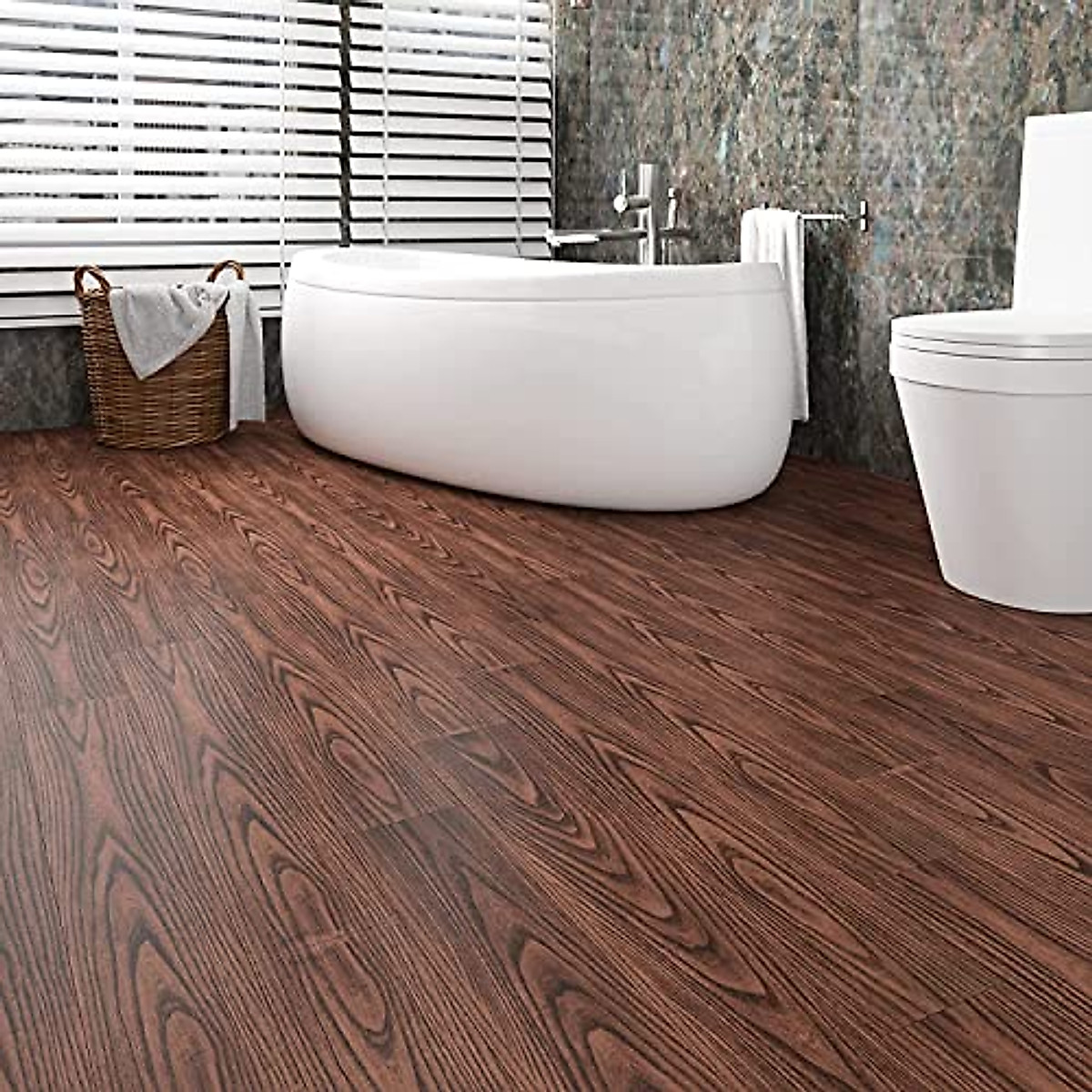 FunStick 6"x36" 15 Pcs Peel and Stick Floor Tile Wood Planks Waterproof Laminate Flooring Red Brown Wood Vinyl Flooring Planks Peel and Stick Flooring for Bathroom Floor Tile Bedroom Walls RV Laundry