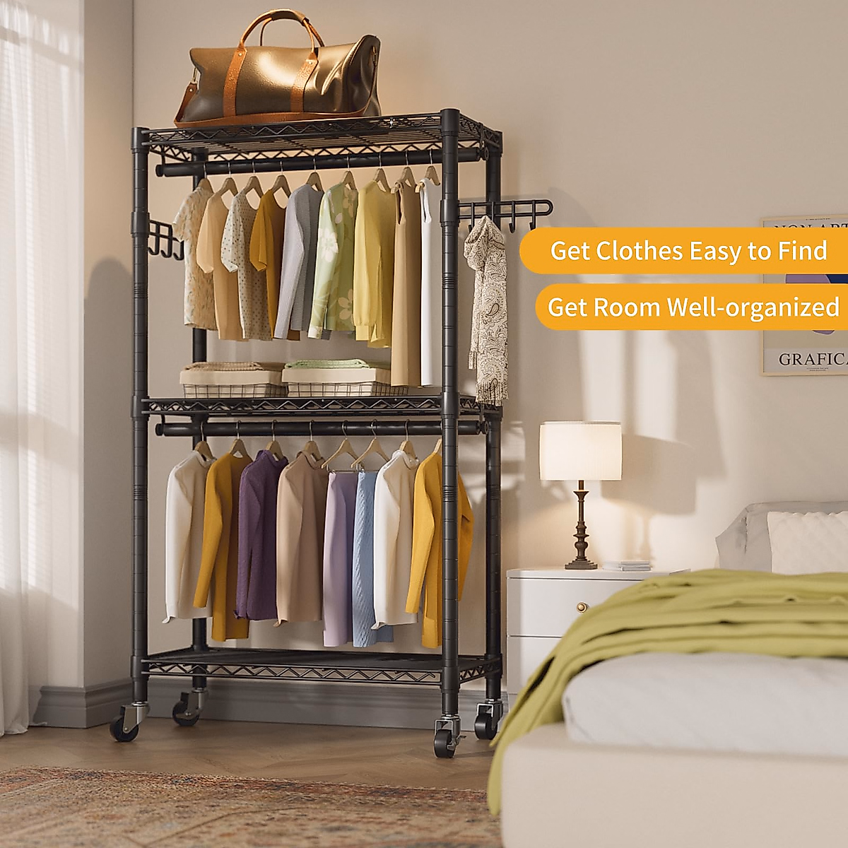 Heavy Duty Clothes Rack Rolling Garment Rack,3 Tier Adjustable Wire Shelving Clothing Racks for Hanging Clothes with Double Rods&Side Hooks,Freestanding Wardrobe Storage Rack Metal Portable Closet