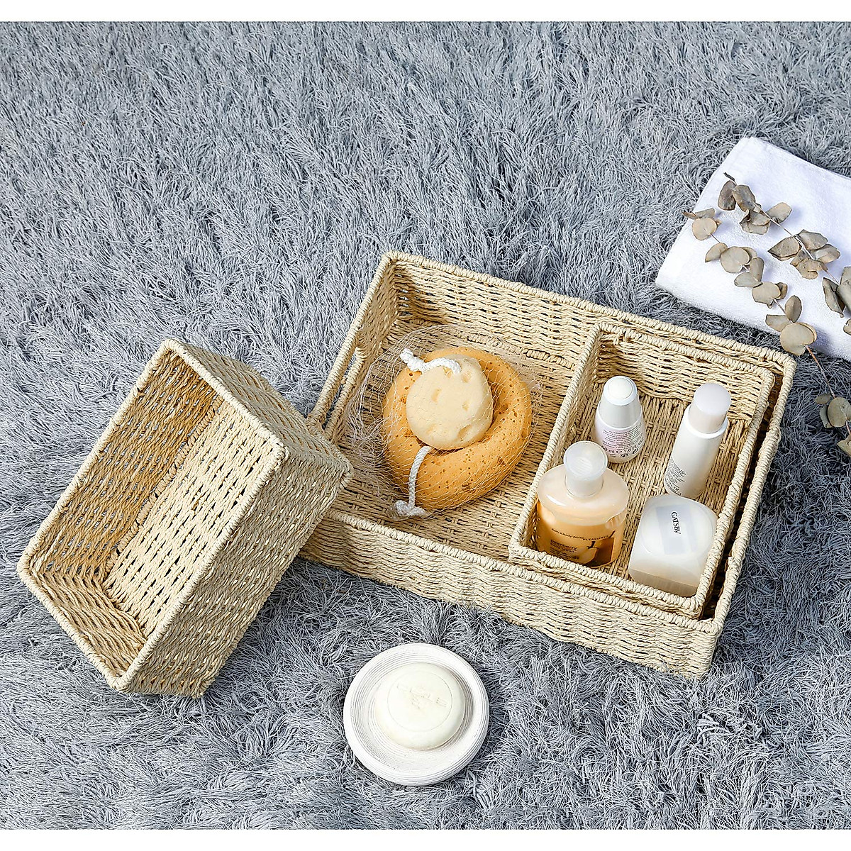 MyGift Beige Woven Small Storage Tray for Organizing, Multipurpose Nesting Basket Bin, Set of 3