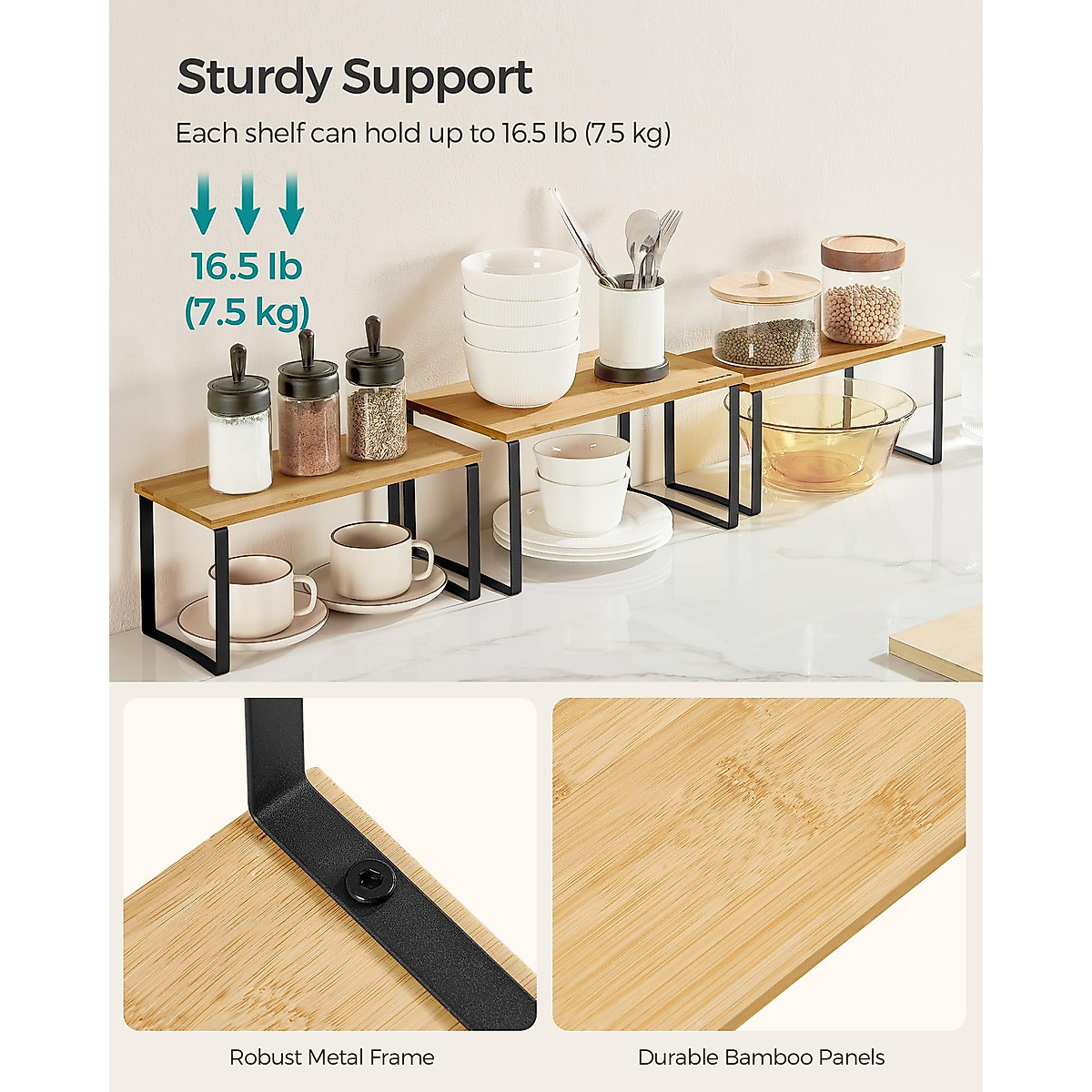 SONGMICS Cabinet Organizer Shelf, Set of 3 Kitchen Counter Shelves, Kitchen Storage, Spice Rack, Stackable, Expandable, Metal and Bamboo, Ink Black and Natural Beige UKCS014B01