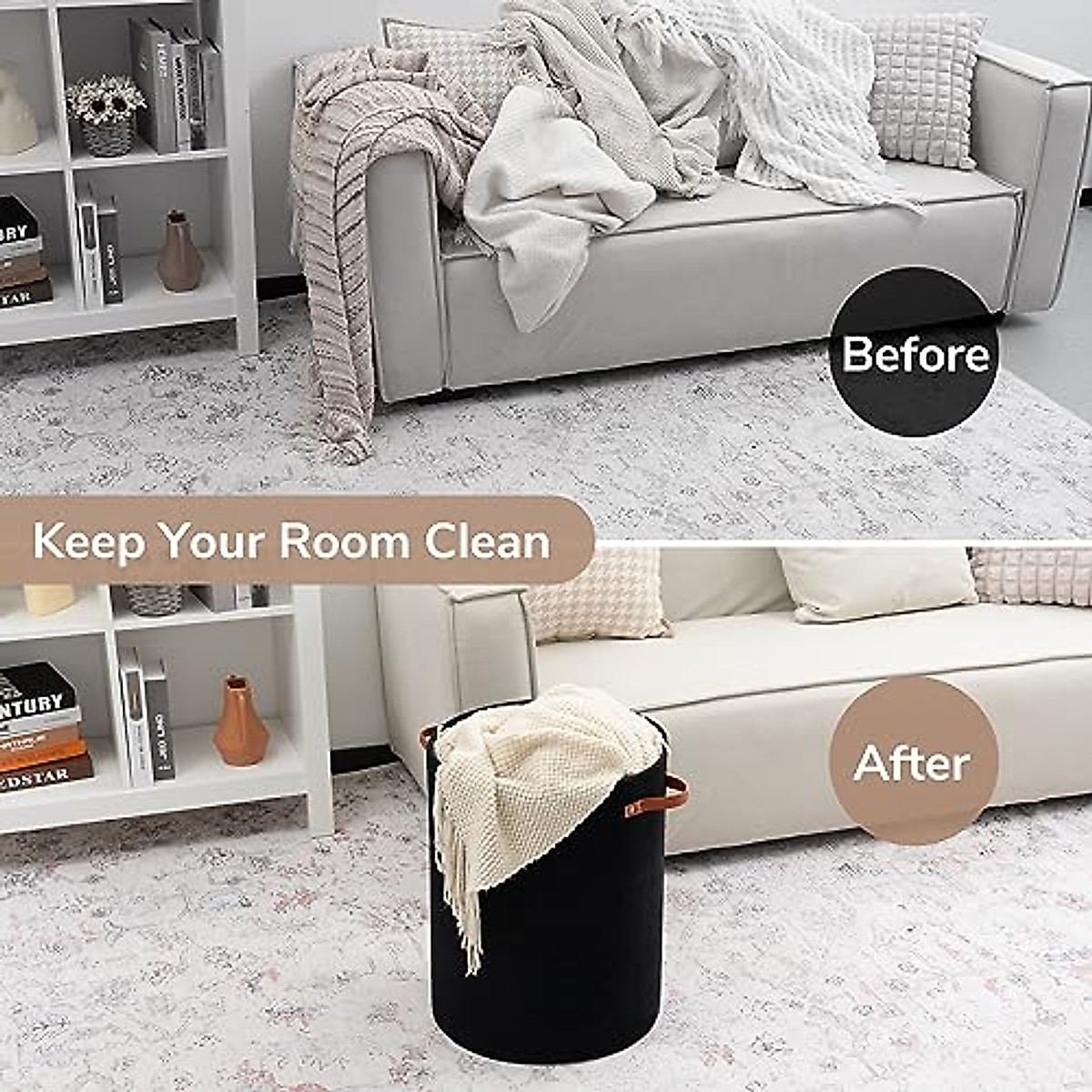 Goodpick Large Laundry Basket, 60L Tall Laundry Hamper with laundry Bag for Blankets, Clothes, Black Rope Laundry Basket for Living Room, 15 x 20 Inches