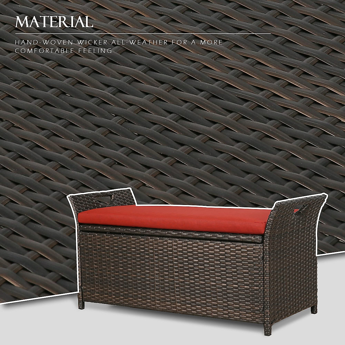 PATIO TREE 40 Gallon Outdoor Storage Bench Rattan Deck Box Patio Steel Frame Wicker Storage Container with Cushion, Red NPT-900004