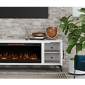 Realcozy Malibu Contemporary Fireplace TV Stand, 78 inches, Accommodates TVs up to 90 inches, Fully Assembled, Poplar Solid Wood, White Finish