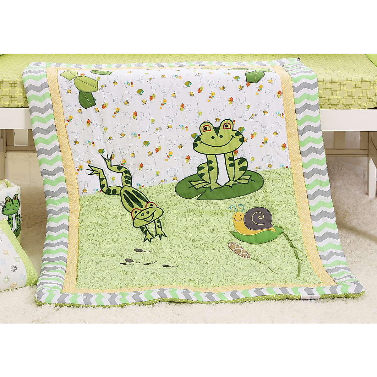 3 Pieces Frog Snail Tadpole Garden Nursery Crib Bedding Set Toddler Girls Boys Frog Theme Bedding Set Green