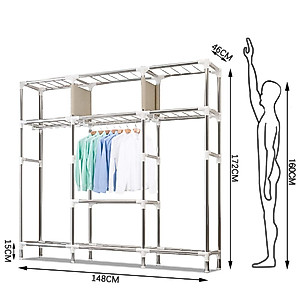 ZZBIQS Extra Large Clothes Wardrobe Storage Closet, Portable Garment Organizer Shelves Rack, Flannel Fabric Cover Standing Closet with Hang Rod and 2 Side Pockets(Blue)