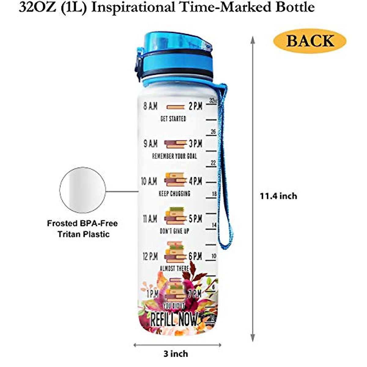 64HYDRO 32oz 1Liter Motivational Water Bottle with Time Marker, Book Lover Inspiration Just A Girl Who Loves Books HNP0207004 Water Bottle