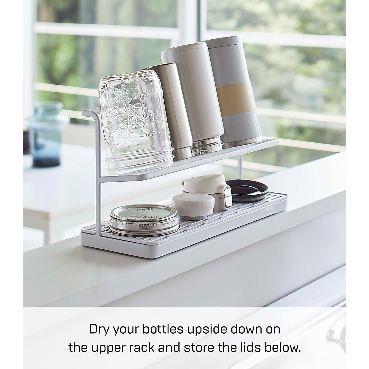 Yamazaki Home Countertop Two Tier Bottle Drying Rack, Wide Jug Storage Stand with Drainage Tray for Kitchen Counter for Glass Metal Or Plastic Bottles, Steel, No Assembly Req.