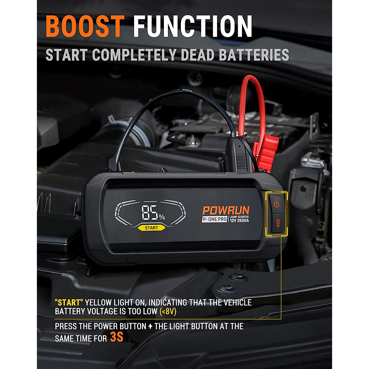 Powrun P-ONE PRO Jump Starter - 2500A Portable Jump Box for 8.5L Gas and 7.0L Diesel Engines, 12V Car Battery Pack With Carry Case