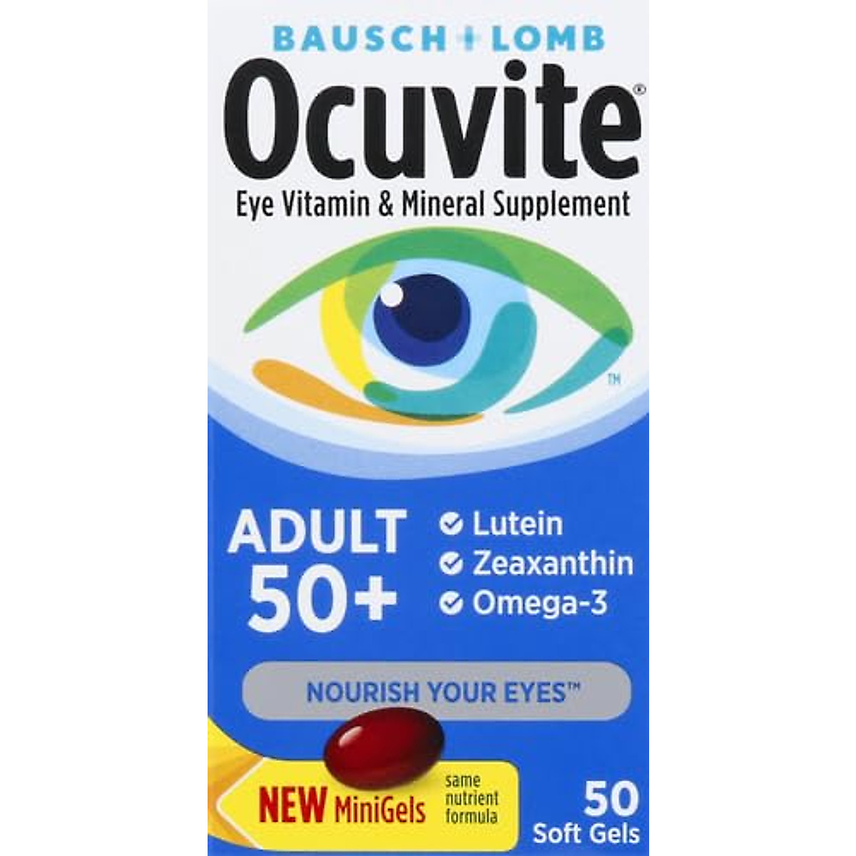 Ocuvite Eye Vitamin & Mineral Supplement, Contains Zinc, Vitamins C, E, Omega 3, Lutein, & Zeaxanthin, Bausch & Lomb Ocuvite Adult 50+ Eye Vitamin & Mineral Softgels, 50 Count (Packaging May Vary)