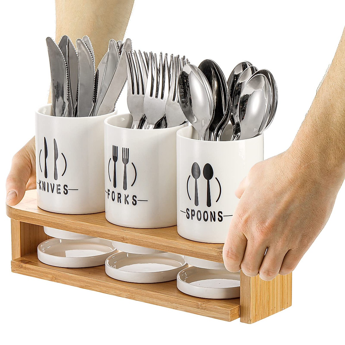 Fasmov Flatware Holder, 3 Pack Silverware Caddy with Bamboo Rack, Utensil Holder Ceramic Flatware Caddy White Ceramic Cutlery Organizer for Forks, Spoons, Knives