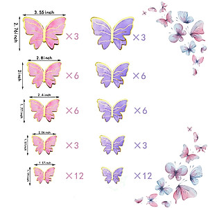 60PCS Pink Purple Gold Butterfly Cake Toppers, 3D Cupcake Toppers Happy Birthday Metal Gold Topper for Girls Women's Party Decorations Women Party Wall Food Decorations,Mixed Size