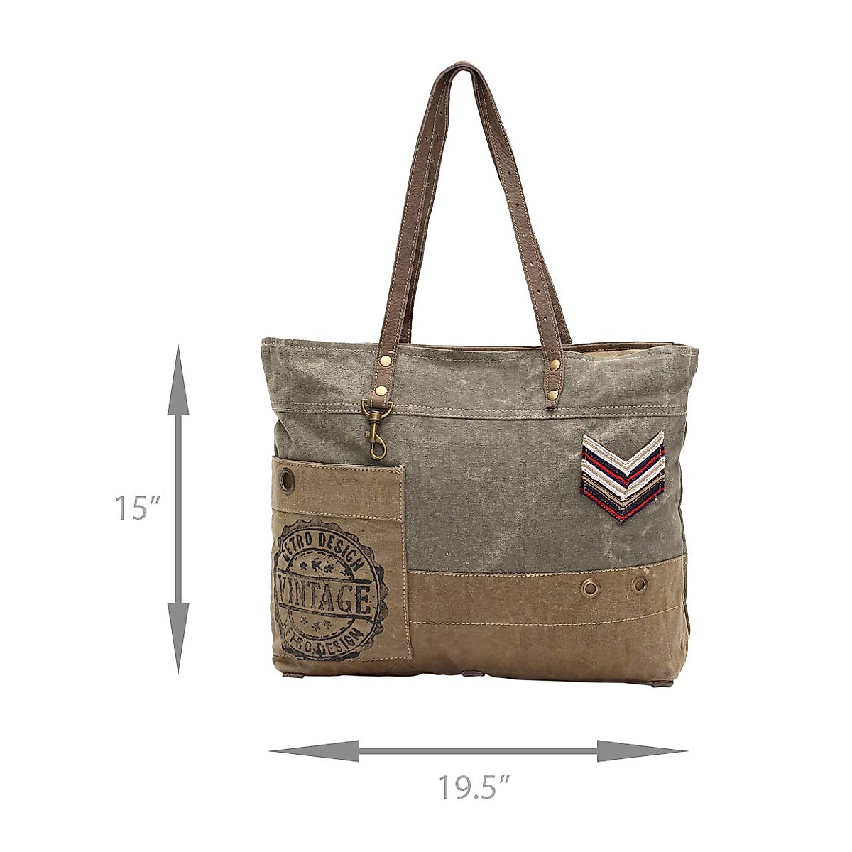 Military Badge Upcycled Canvas and Genuine Leather Trim Tote Bag