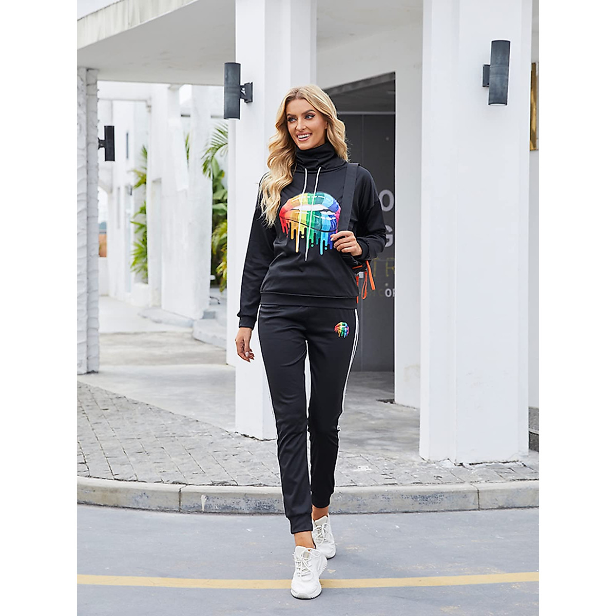 Angsuttc Womens Casual 2 Piece Outfits Lip Print Long Sleeve Pullover Sweatshirt Jogging Pants Tracksuits Set Black XL