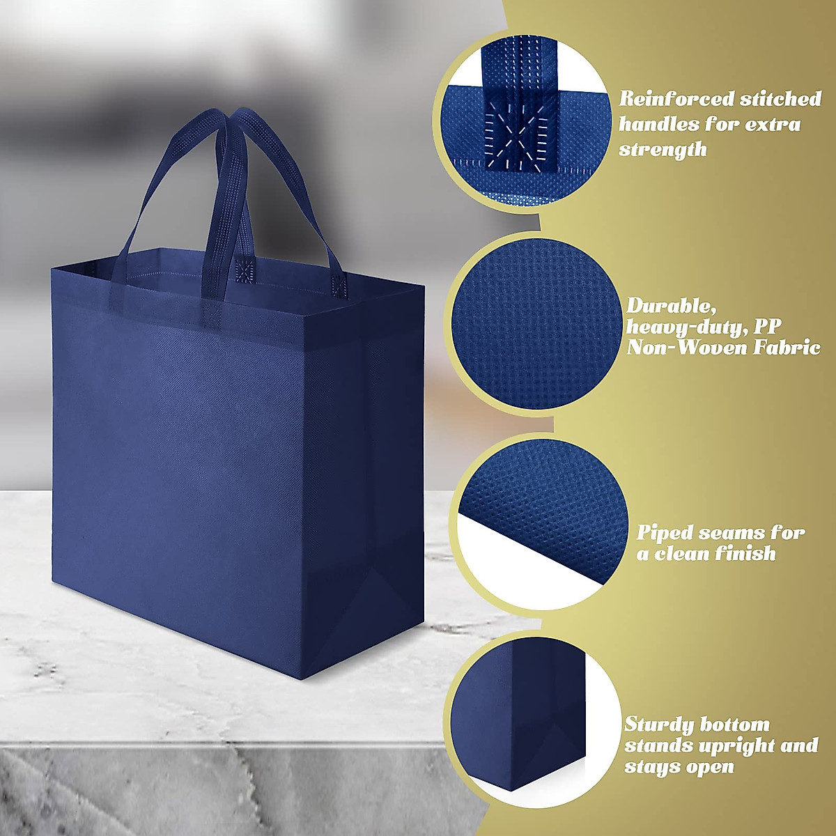 100 Pieces Reusable Totes Bag Set Non Woven Grocery Bag with Handles Fabric Portable Tote Bag Bulk for Shopping Events Party (Navy Blue)
