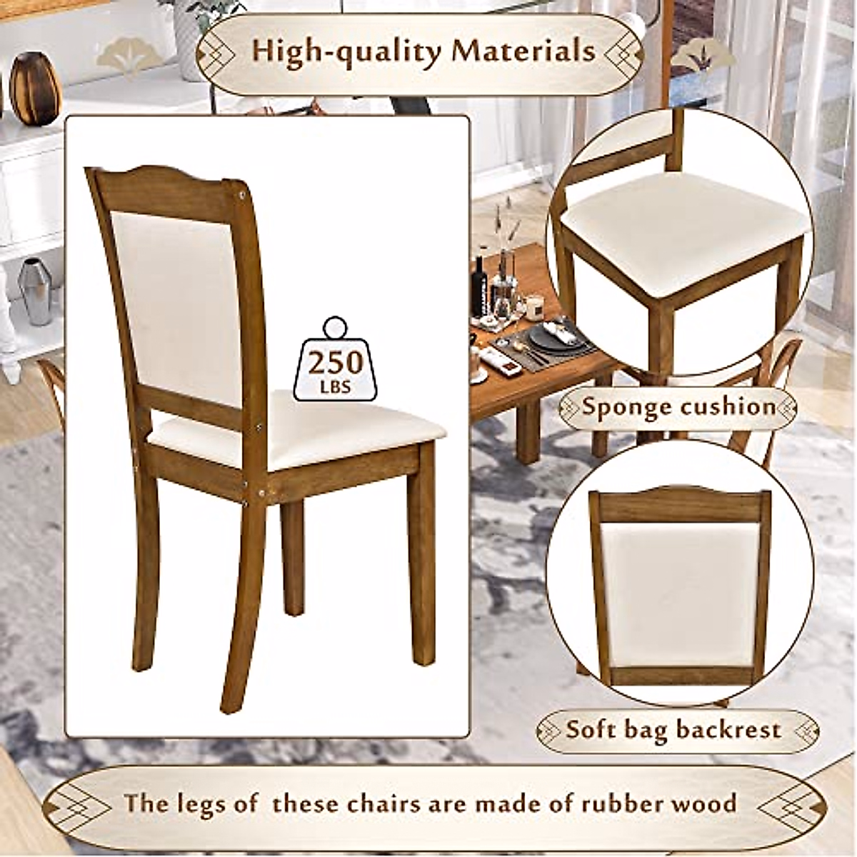 Origeture Dining Table Set for 4 Small Spaces, Solid Wood Dining Set with 4 Chairs, 5 Piece Kitchen Table Set for Apartment, Rectangle Breakfast Table and Chairs (Dining Table Set for 4, Walnut)