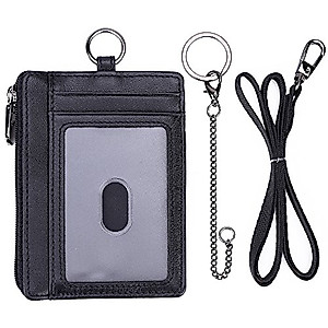 kinzd Slim Minimalist Zipper Credit Card Holder Leather Front Pocket Wallet with Keychain Ring Lanyard Strap