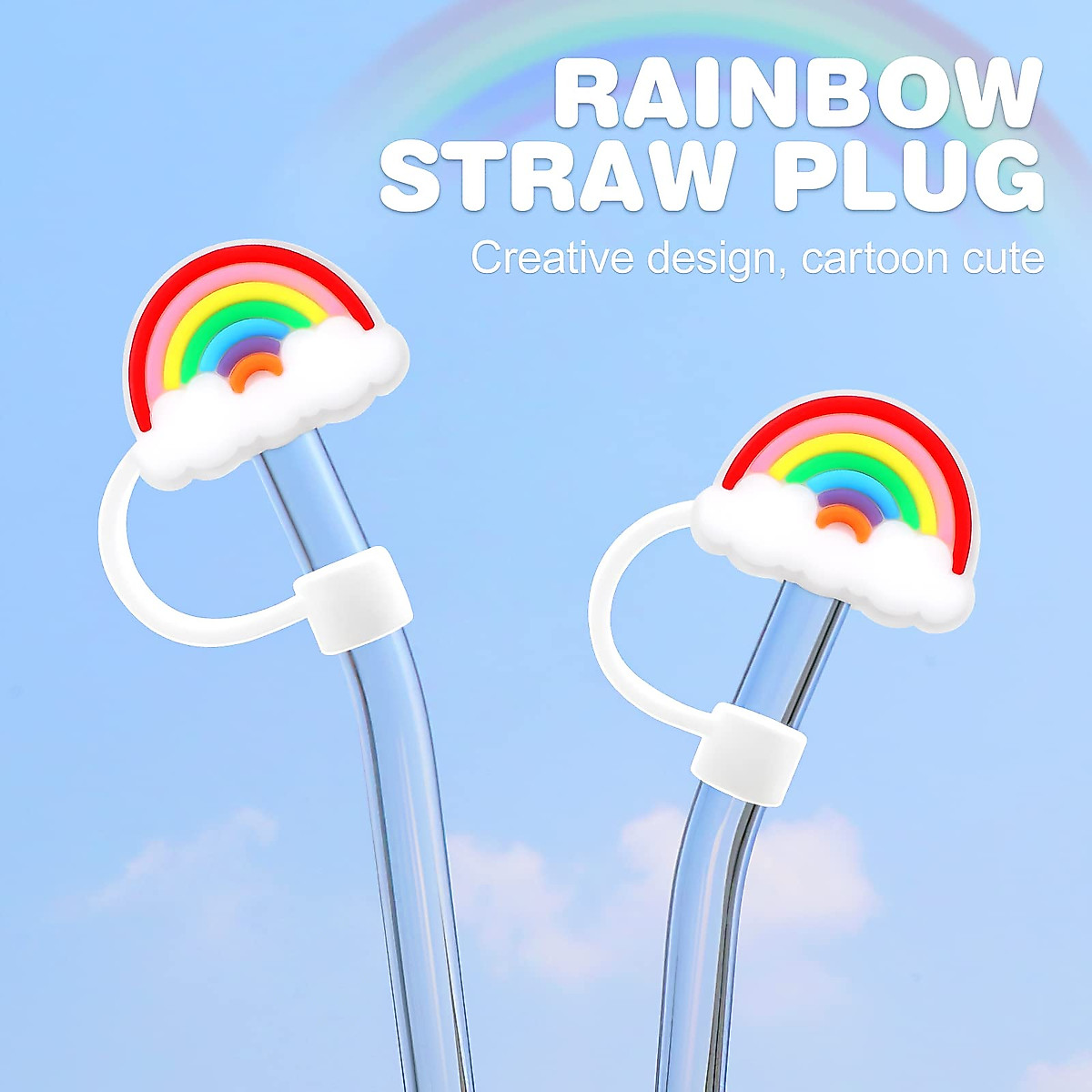 BESTOYARD Silicone Straws Tips Cover Cartoon Rainbow Reusable Compatible with Stanley Drinking Straw Lid Plug Anti-dust Airtight Seal Splash Proof For Telescopic Straw Beverages