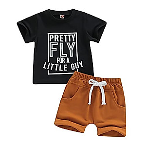 Infant Baby Boys Summer Clothes Sets Outfits Letter Print Short Sleeve T-Shirt and Stretch Casual Rolled Shorts Set (Black, 18-24 Months)