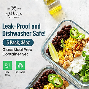 Zulay Kitchen 5 Pack Leak-Proof Glass Food Storage Containers - 36 oz Thick & Durable Glass Meal Prep Containers - Airtight Easy to Clean Glass Storage Containers With Lids