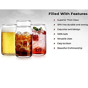 Glaver's Drinking Glasses 4pc Can Shaped Glass Cup Set, 16oz Beer Can Glass Coffee Cups, Cocktail Glasses, Water, Soda, Smoothie, Juice, Can Glasses. Dishwasher Safe