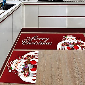 2 Piece Santa Claus Kitchen Rug Set Merry Christmas Indoor Floor Mats for Winter, Xmas Door Mat Runner Rug Carpet Mat for Kitchen Home Decor (15.7" x 23.6"+15.7" x 47.2") - Santa Claus Hold Gifts