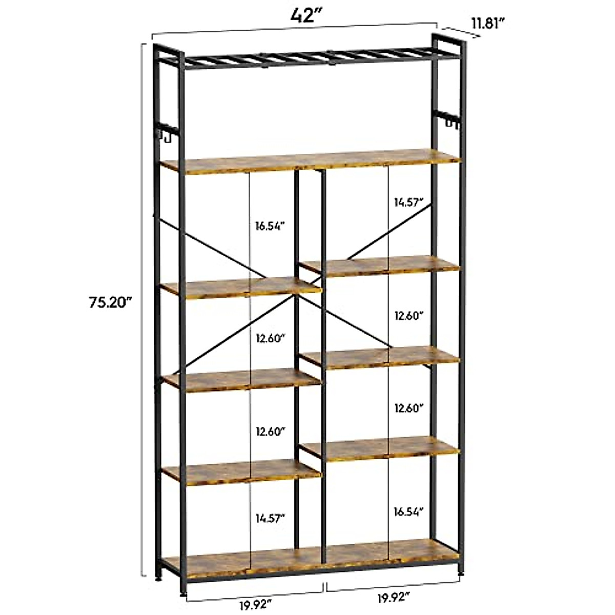 Iaocpio Double Wide 6 Tier Bookshelf, Bookshelves and Bookcases with 6 Hooks. Industrial Bookshelf for Living Room, Bedroom, and Home Office Brown.