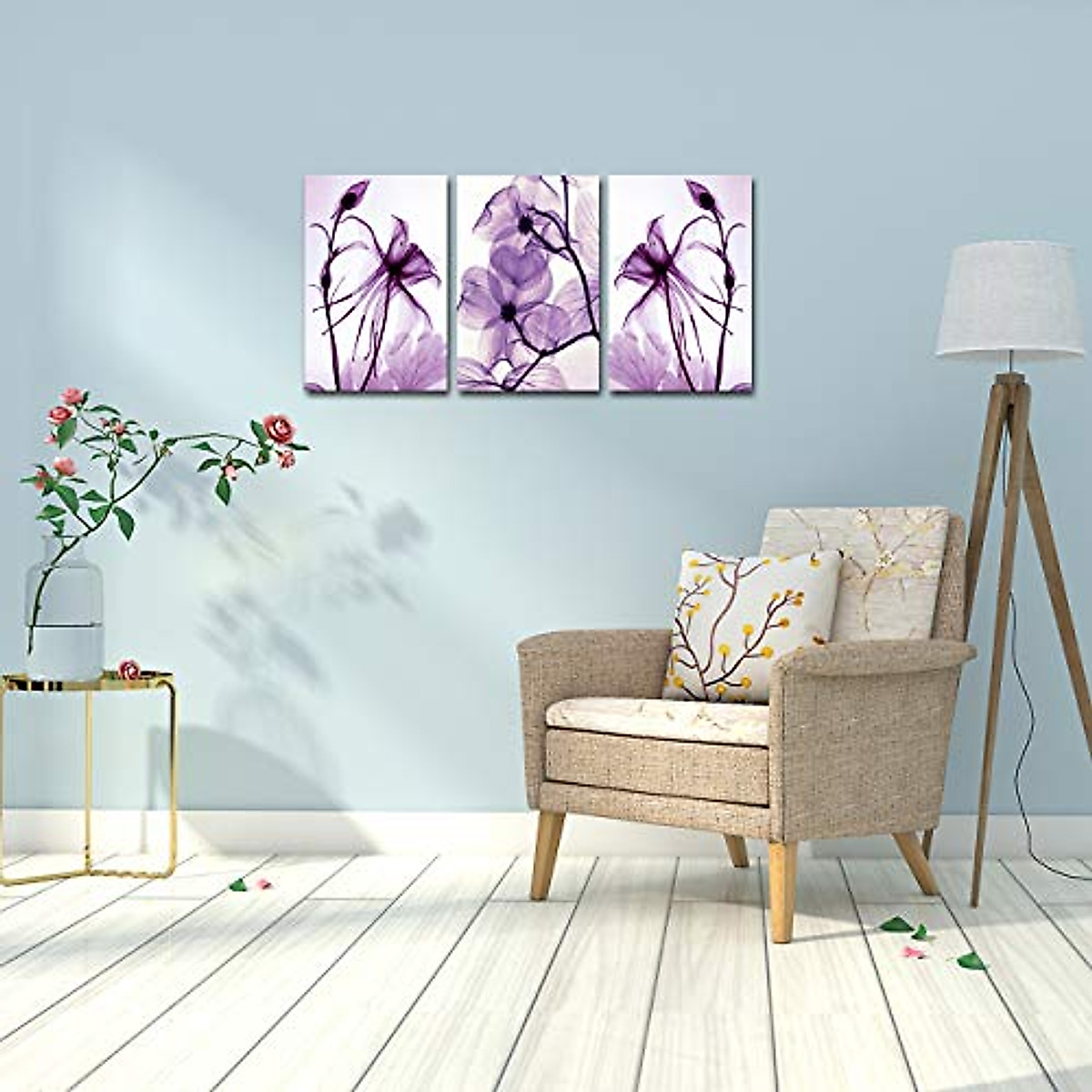 Meigan Art Modern Canvas Wall Art Home Decor Wall Art Painting Purple Flowers Art Wood Inside Framed Ready to Hang (12InchX16InchX3)