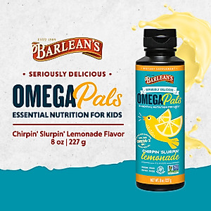 Barlean's Omega Pals Chirpin' Slurpin' Omega 3 for Kids, Yummy Lemonade Flavored Children's Liquid Fish Oil Supplement with 540 mg of EPA and DHA for Brain and Eye Health, 8 oz
