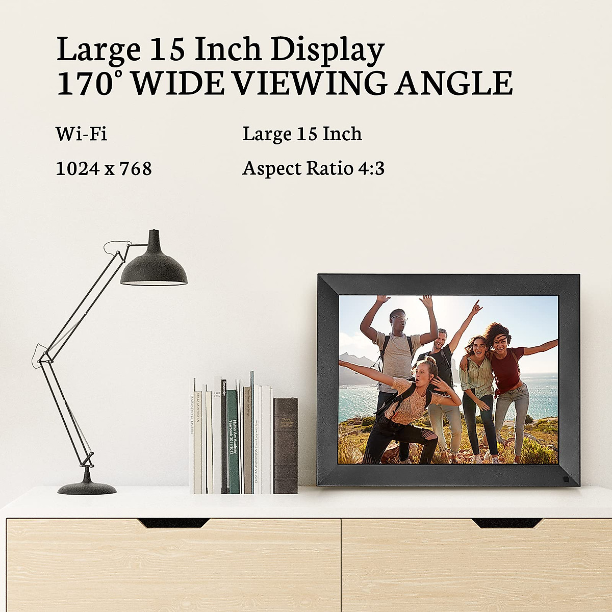 BSIMB 15 Inch Large Digital Picture Frame, WiFi Digital Photo Frame Touch Screen with 16GB Storage, Auto-Rotate, Share Photos and Videos via App Email, Wall Mountable
