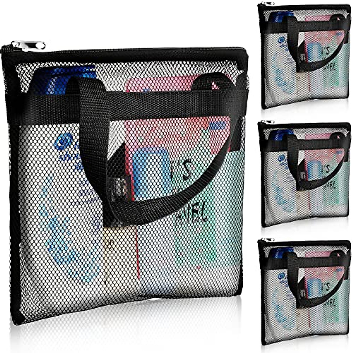4 Pcs Mesh Shower Caddy 10.2 x 9.8 Inch Quick Dry Shower Bag with Zipper Black Travel Gym Shower Caddy Tote Portable Toiletry and Bath Organizer Mesh Caddy Bag for College Dorm, Beach, Camp, Swim