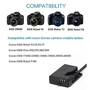 Kimaru ACK-E10 DR-E10 DC Coupler LP-E10 Dummy Battery AC Power Adapter Kit for Canon EOS Rebel T3 T5 T6 T7 1100D 1200D 1300D 1500D 2000D,Kiss X50 X70 X80 X90 Cameras.