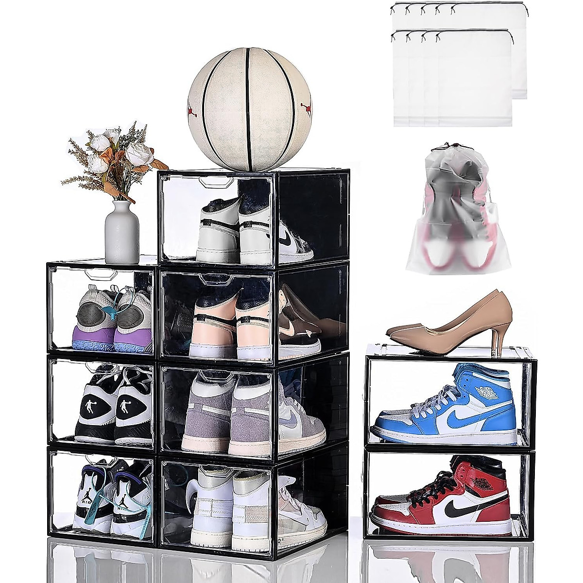 jphoiy box Shoe Storage Boxes Clear Stackable, 9 Packs Shoe Organizer for Closet,Sneaker Box, Strong and Sturdy Fit Up to Maximum Size of US12