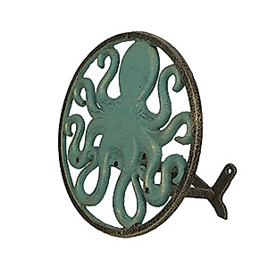 Zeckos Cast Iron 12 inch Octopus Decorative Wall Mounted Hanging Garden Hose Holder Verdigris Green Finish - 125 ft Hose