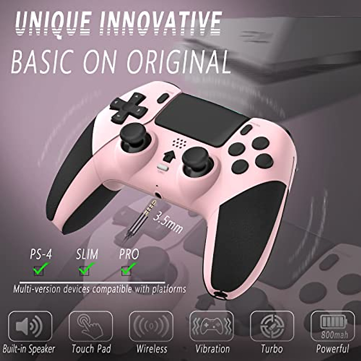 TERIOS Wireless Pro Controller Compatible with PS4 /PS4 Pro/PS4 Slim, Gaming Remote with Built-in 800mAh Rechargeable Battery/Precise Joystick/Audio/Turbo/Advanced Buttons Programming (Pink & Black)