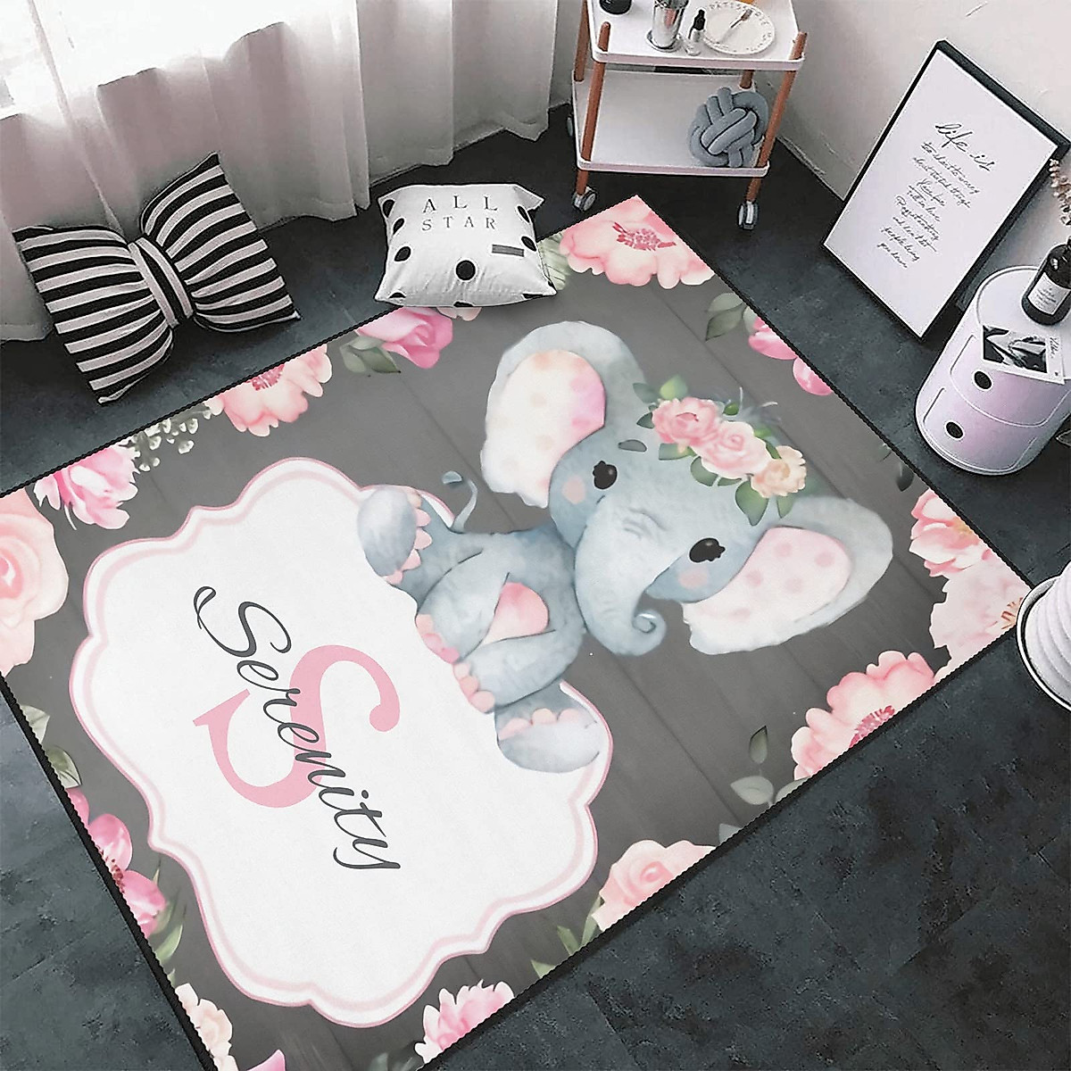 XOZOTY Custom Name Watercolor Elephant Pink Flower Area Rug Living Room Pad Nursery Kids Play Mat Entrance Exit Doormats 4'x5.2'