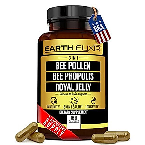 Earth Elixir 3-in-1 Bee Pollen Organic 840mg (180 Caps) W/ 840mg Bee Propolis Capsule & 840mg Royal Jelly Capsule - 3rd Party Tested - Bee Pollen Supplement - Organic Bee Pollen Capsule -No Fillers