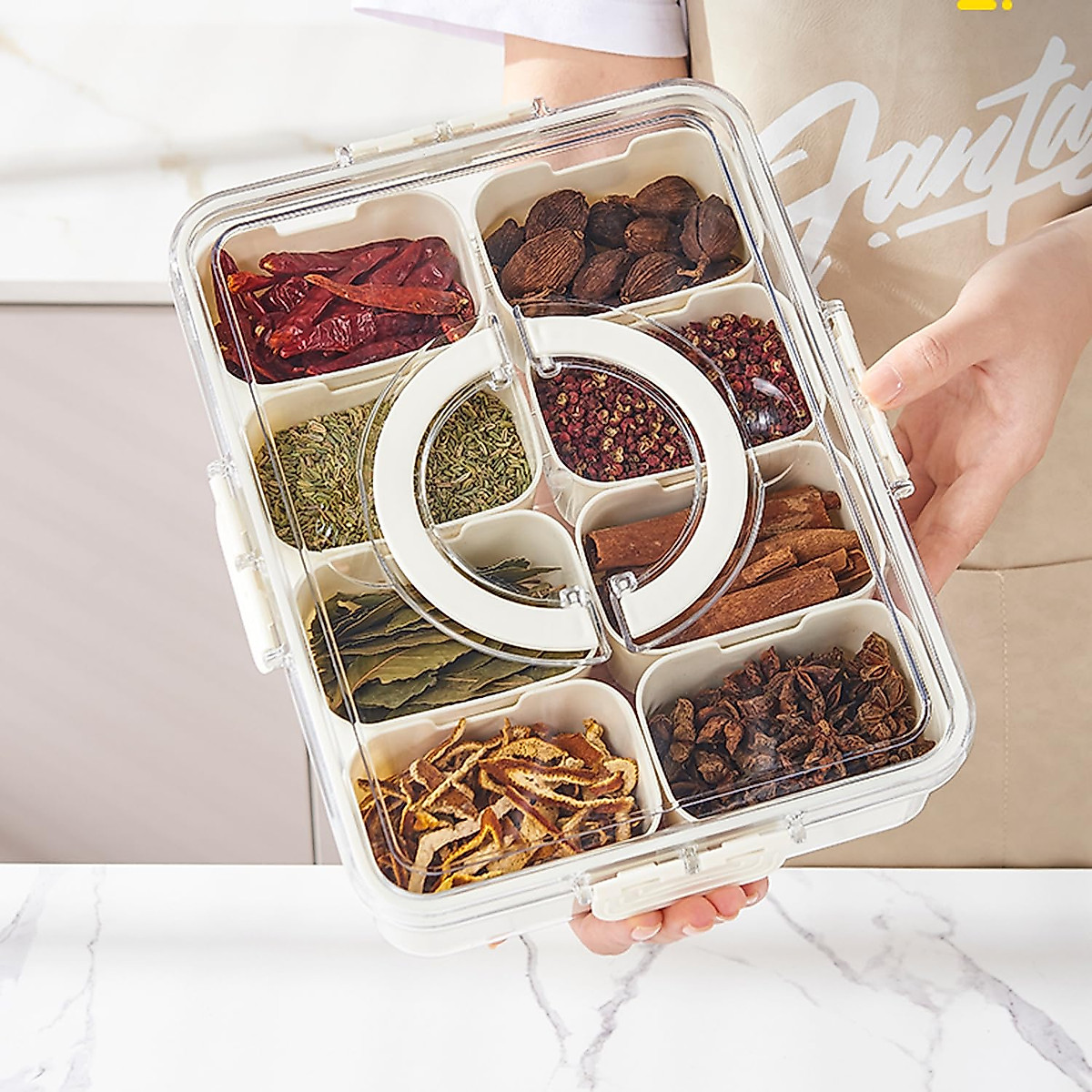 Divided Serving Tray with Lid and Handle - 8 Compartment Portable Snackle Box Charcuterie Container - Clear Snack Organizer for Fruits, Candy, Nuts, Snacks - Ideal for Parties, Travel & Picnics