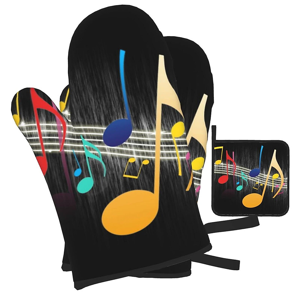 Colorful Musical Note Oven Mitts and Pot Holders Sets of 3 Washable Heat Resistant Hot Pads Non-Slip BBQ Gloves for Kitchen Cooking Baking Grilling