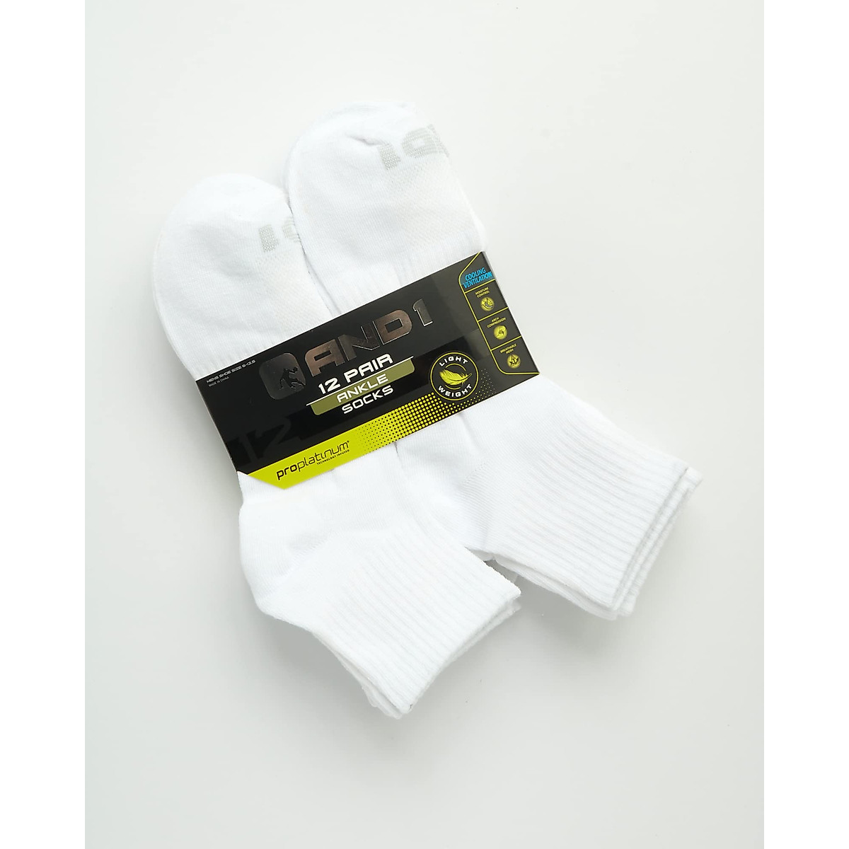 AND1 Men's Socks - PROPLATINUM Lightweight Quarter Cut Socks (12 Pack), Size 6-12.5, White