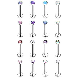 SCERRING 16PCS 16G 2mm Clear CZ Opal Internally Threaded Labret Monroe Lip Ring Tragus Nail Helix Earring Stud Piercing Jewelry Bar Length 6mm