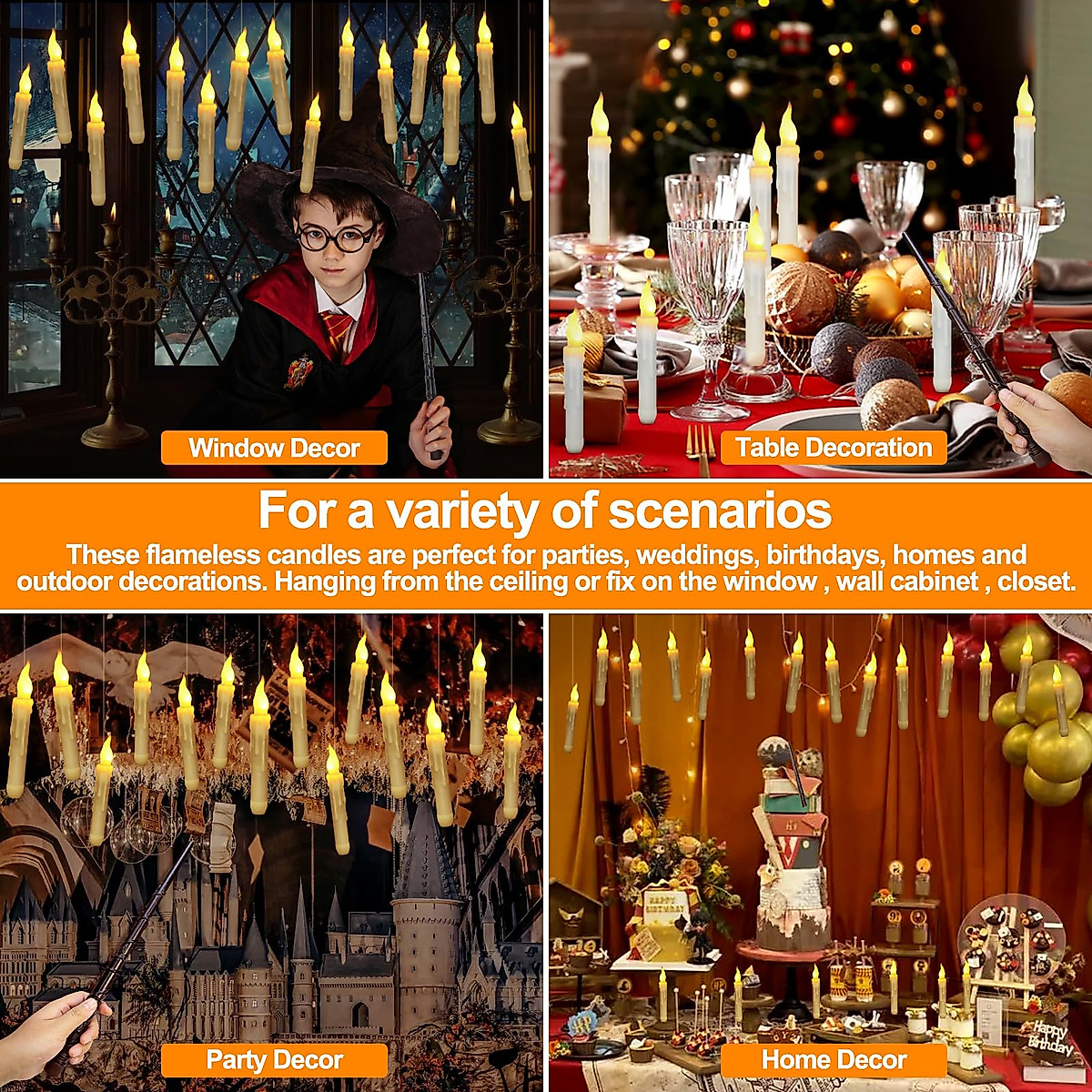20 Pack Halloween Decorations -Floating Candles with Wand Remote, Christmas Magic Hanging Candles, Flameless Flickering Light Floating LED Candle for Harry Potter Party Ceiling Witch Decor Kids Gift